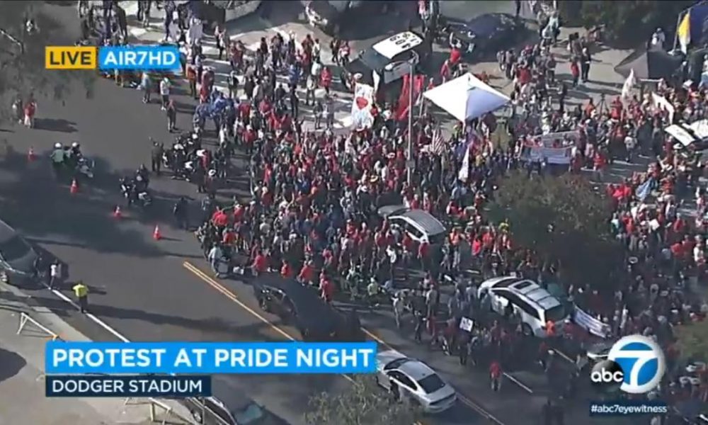 Thousands gather in protest at Dodger's LGBTQ Pride night